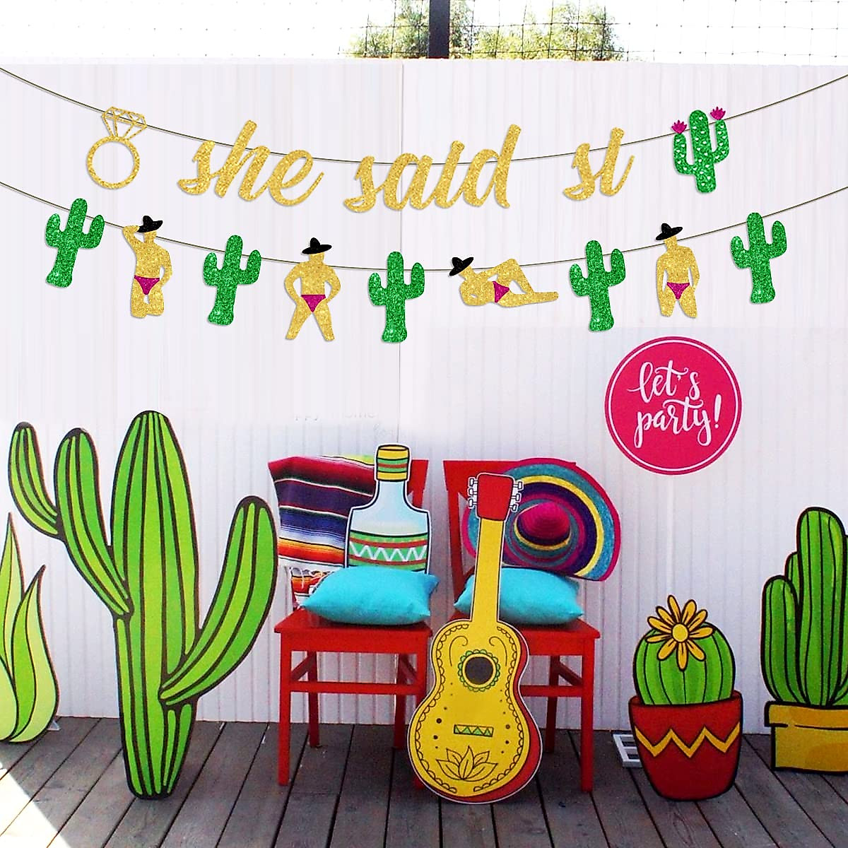 2PCS She Said Si Gold Glitter Banner, Glittery Mexican Fiesta Cactus Man Garland for Mexican Fiesta Theme Bachelorette Party Fiesta Bridal Shower Decorations Supplies
