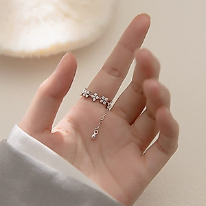 Dainty Flower Finger Rings Sterling Silver 925 for Women Cute Cubic Zirconia Crystal Adjustable Threader Tassel Chain Ball Statement Stacking Ring Tail Band Jewelry Gifts BFF
