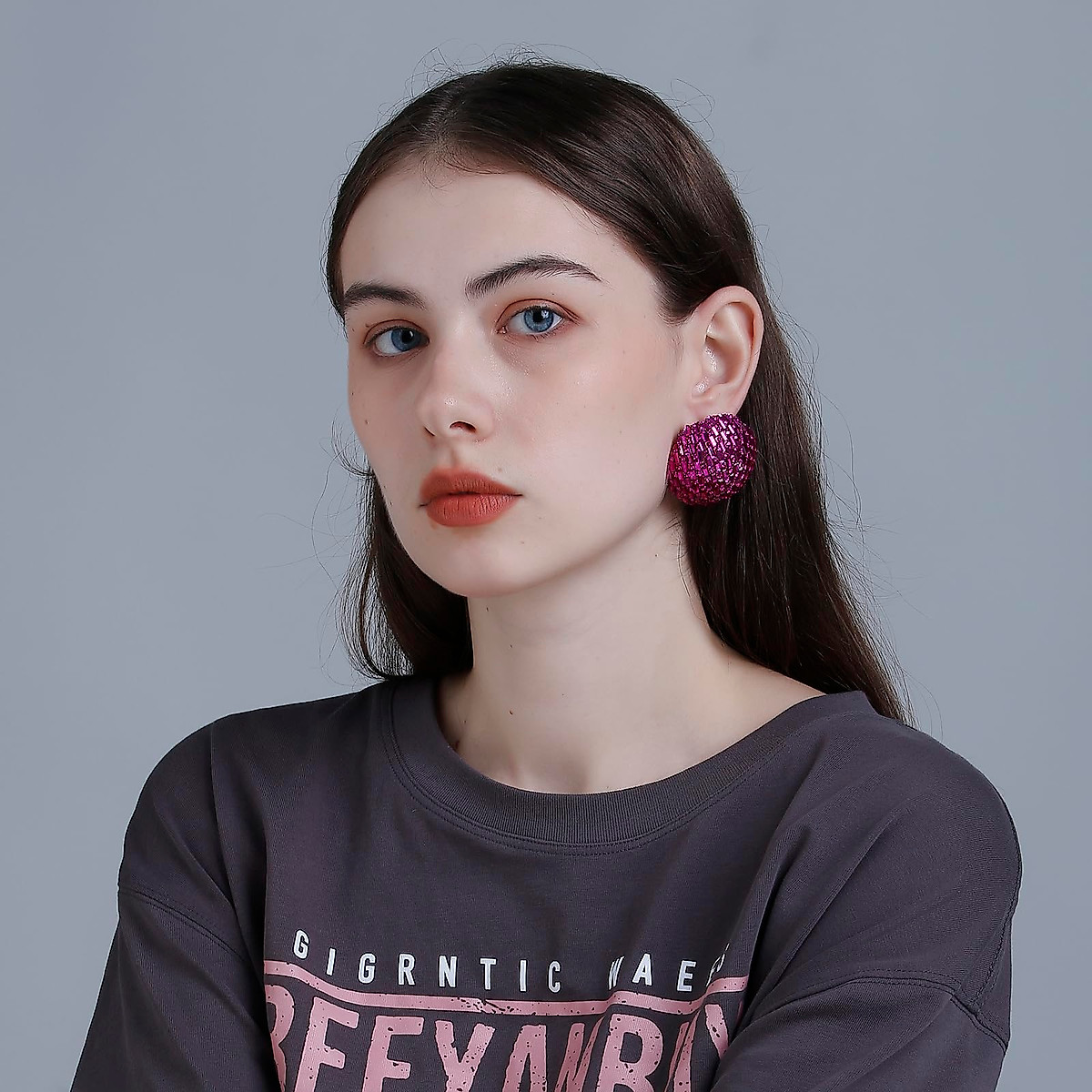 RUOFFETA Large Disco Ball Earrings, Sparkly Half-Ball Earrings for Women 60s 70s Outfits Costume Accessories(Hot Pink)