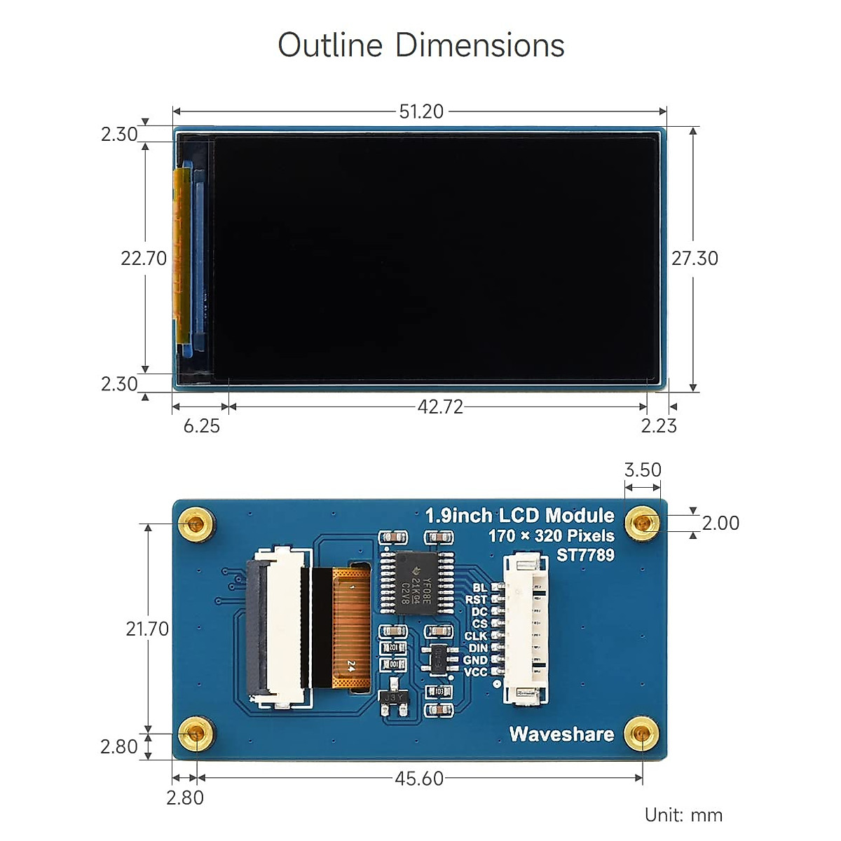 Waveshare 1.9inch LCD Display Module, 170×320 Resolution, SPI Interface, IPS, 262K Colors