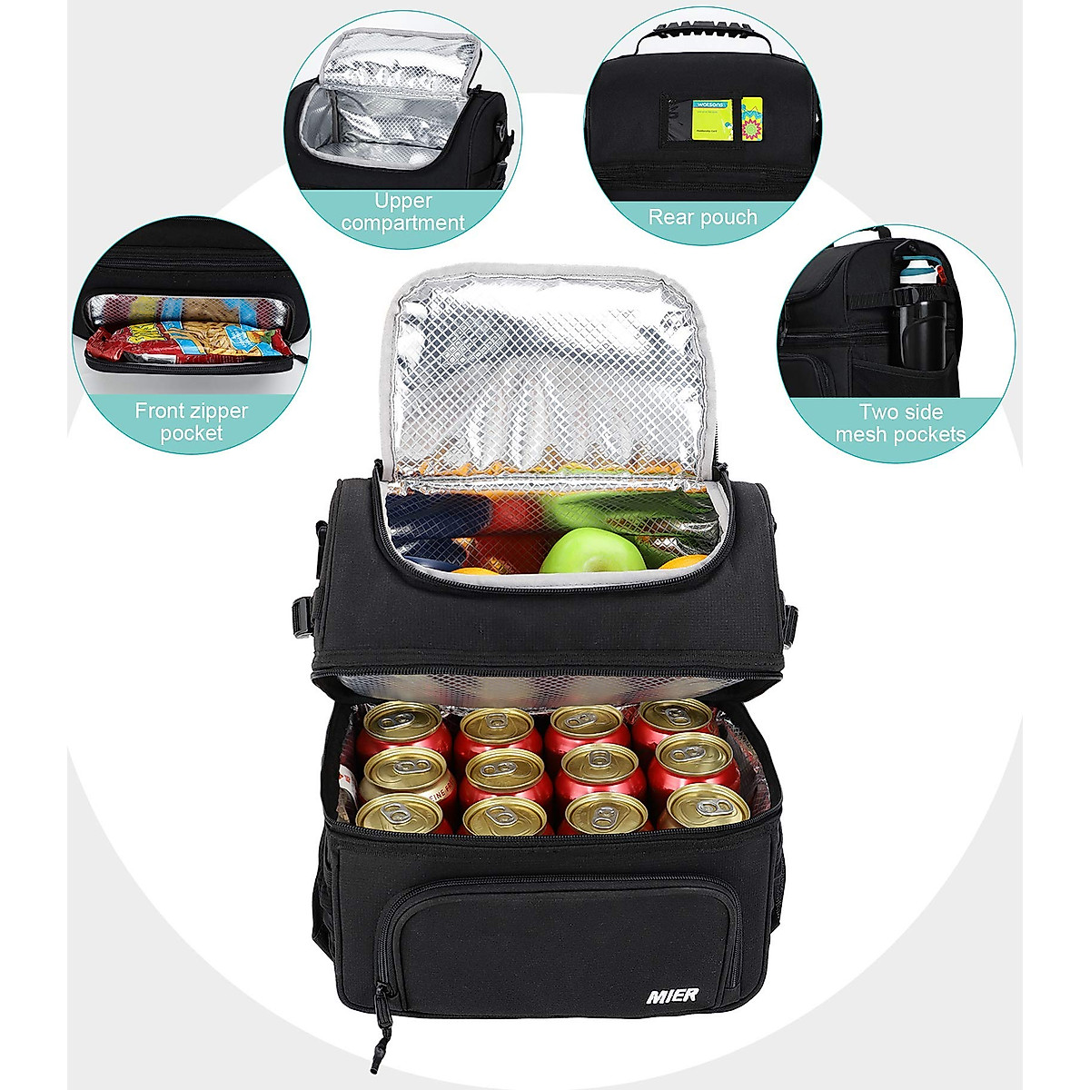 MIER Dual Compartment Lunch Bag Tote with Shoulder Strap with Long Lasting Freezer Pack