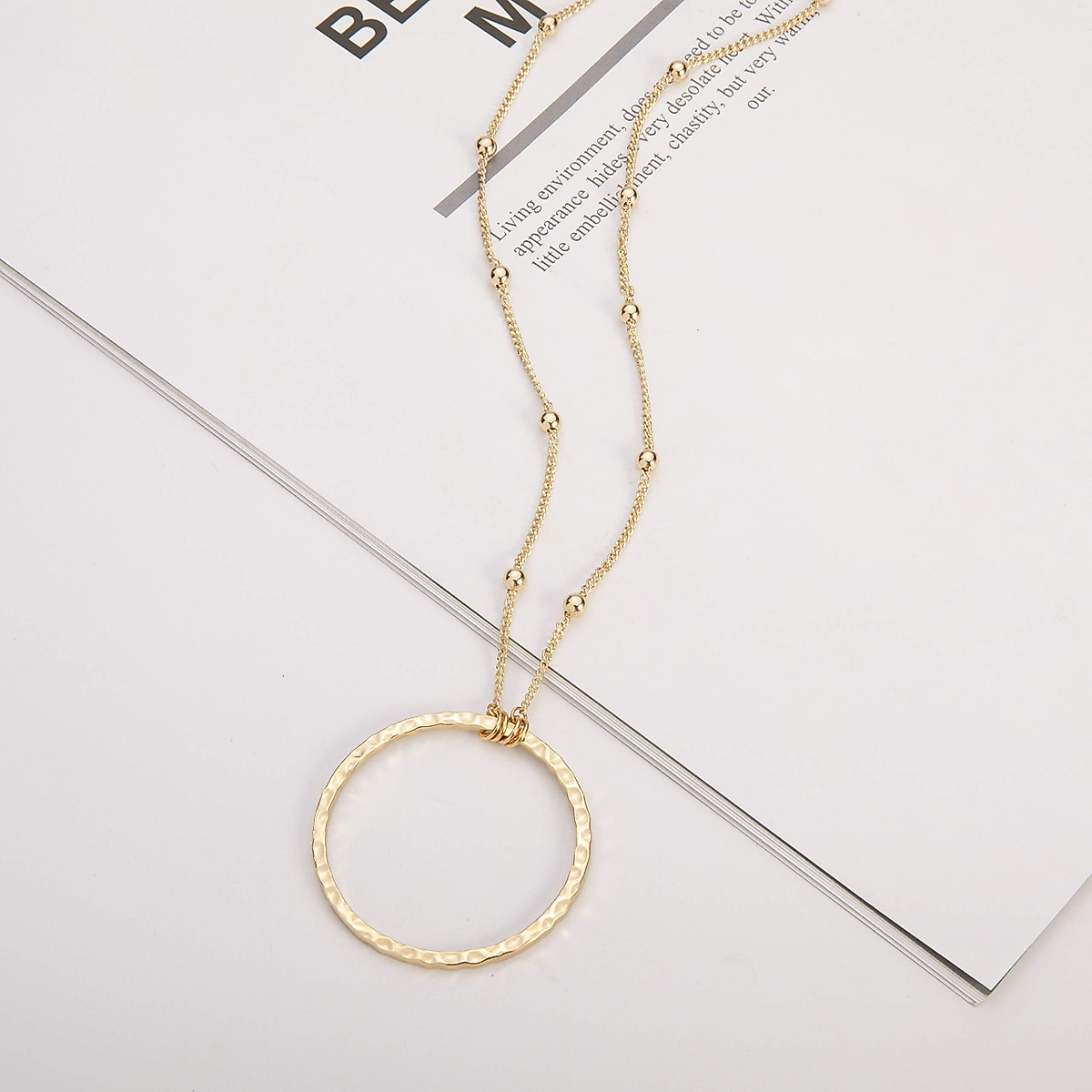 SOFYBJA Hammered Karma Open Circle Pendant Necklace Long Satellite Beaded Chain 18K Gold Plated Jewelry for Women