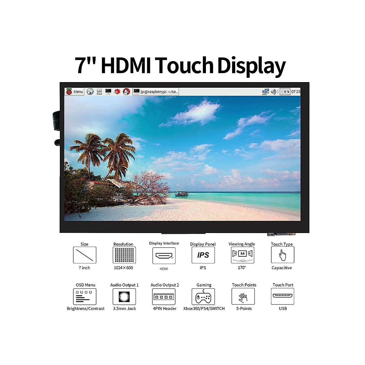 Ingcool 7 inch Raspberry Pi Screen Display 1024x600 7'' HDMI LCD IPS Touchscreen Monitor for Raspberry Pi 4 3 Zero B+ B A+, Jetson Nano, Windows 10 8 7, Xbox360, PS4, Switch