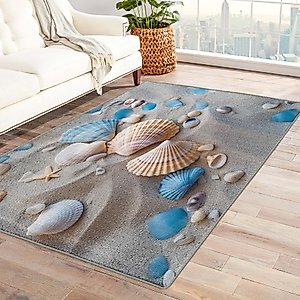Beach Theme Rug & Home Decor - 6x9 Rug, Seashell Rugs for Living Room Bedroom, Coastal Carpet, Washable Non Slip Soft Low Pile Indoor Area Rug & Room Decor