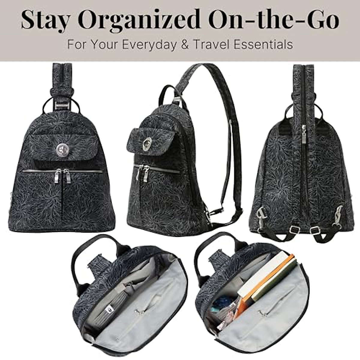 Baggallini Naples Convertible Small Daypack Sling Crossbody, Midnight Blossom