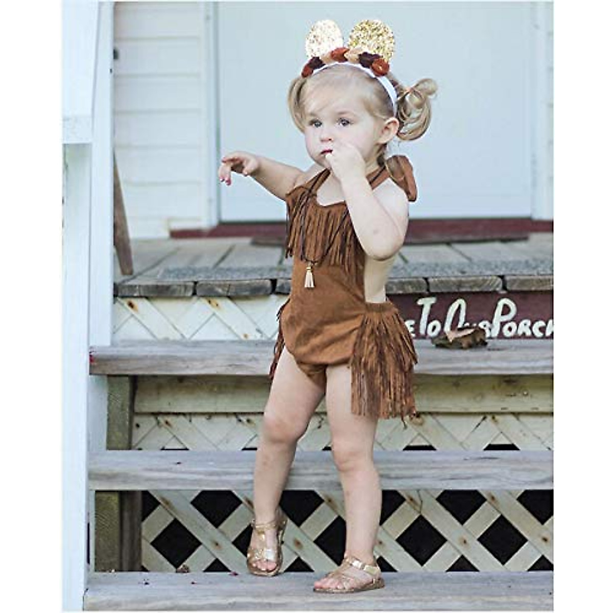 Infant Baby Girl Fringe Faux Suede Romper - Western Style Halter Sunsuit, Adjustable Straps (Brown, 6-12 Months)