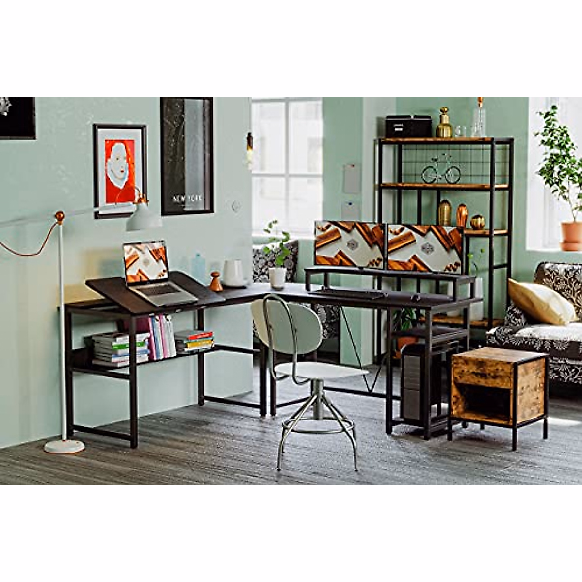 IRONCK L Shaped Desk Drafting Table with Storage Shelves, Corner Table with Tiltable Tabletop and Printer Monitor Shelf Multi-Usage Large Office Desk Workstation, Black