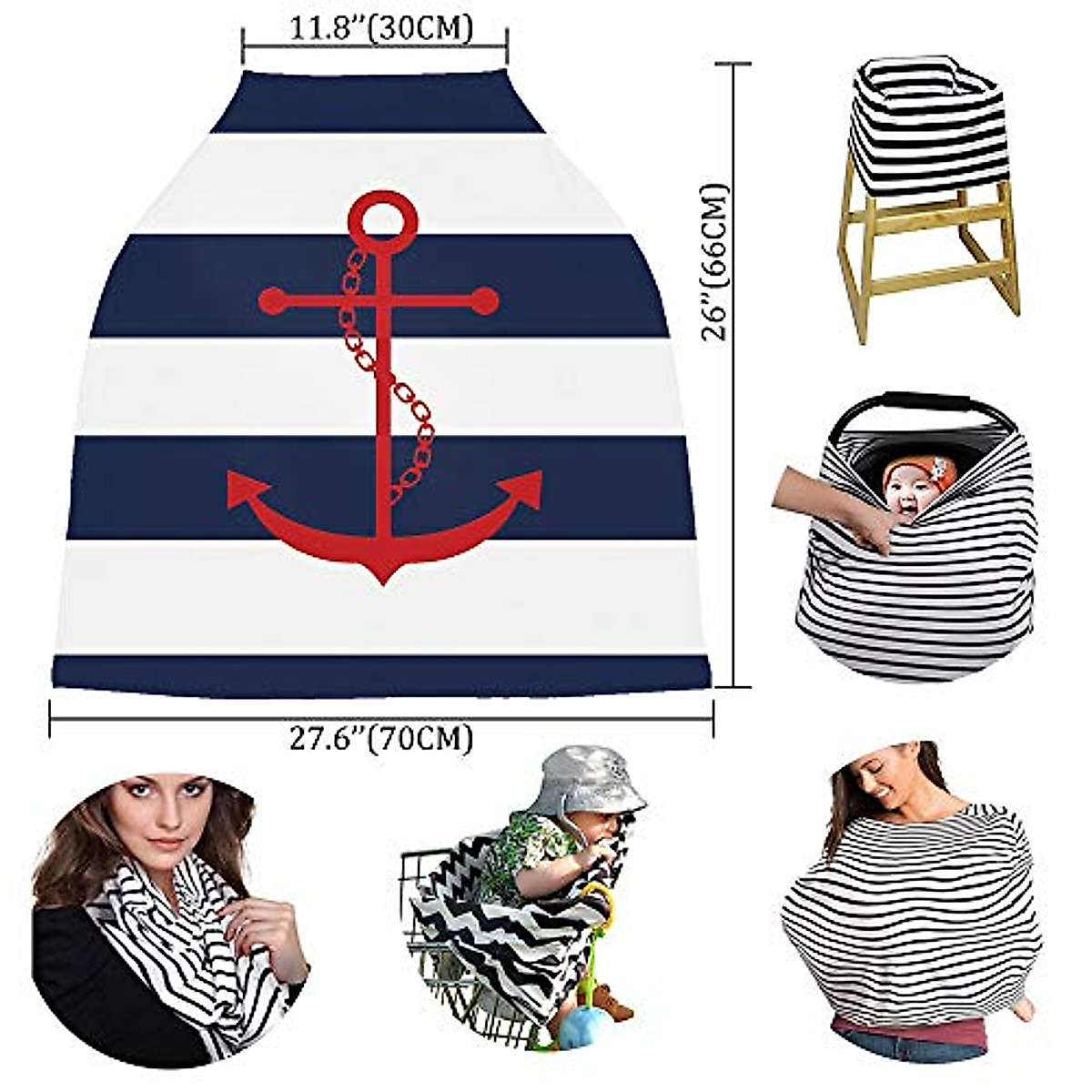 Baby Nursing Covers for Breastfeeding, Baby Car Seat Canopy Covers Scarf for Boys Girls, Nautical Anchor Stripes Canopy, Stretchy Soft Breathable Poncho Infant Stroller Cover, Navy Blue and Red