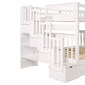 Full Over Full Bunk Bed with Shelves and 6 Storage Drawers, Solid Wooden Bunk Bed Frame with Storag Staircase, Safety Guardrail for Kids Teens Adults, No Box Spring Needed (White)