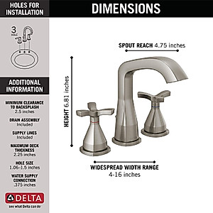 Delta Faucet Stryke Widespread Bathroom Faucet Brushed Nickel, Bathroom Faucet 3 Hole with Cross Handles, Diamond Seal Technology, Metal Drain Assembly, Stainless 357766-SSMPU-DST