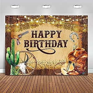 Mocsicka Western Cowboy Happy Birthday Backdrop Rustic Old West Rodeo Cowboy Background Brown Rustic Wood Kids Birthday Party Decoration Banner Cowboy Party Decorations (7x5ft (82x60 inch))