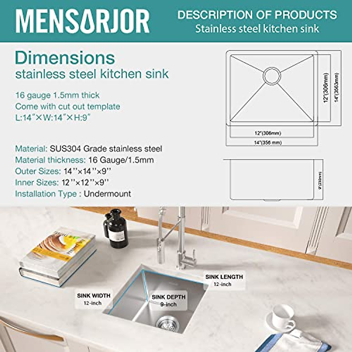 Bar Sink, MENSARJOR 14 x 14 Inch Undermount 16 Gauge Single Bowl Handmade Stainless Steel Kitchen/Bar Sink