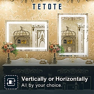 TETOTE 20 x 28 LED Bathroom Mirror with Lights White/Warm/Natural,Dimmable,CRI90,IP54 Waterproof,Wall Mounted,Anti-Fog,Vanity Mirror(Horizontal/Vertical)