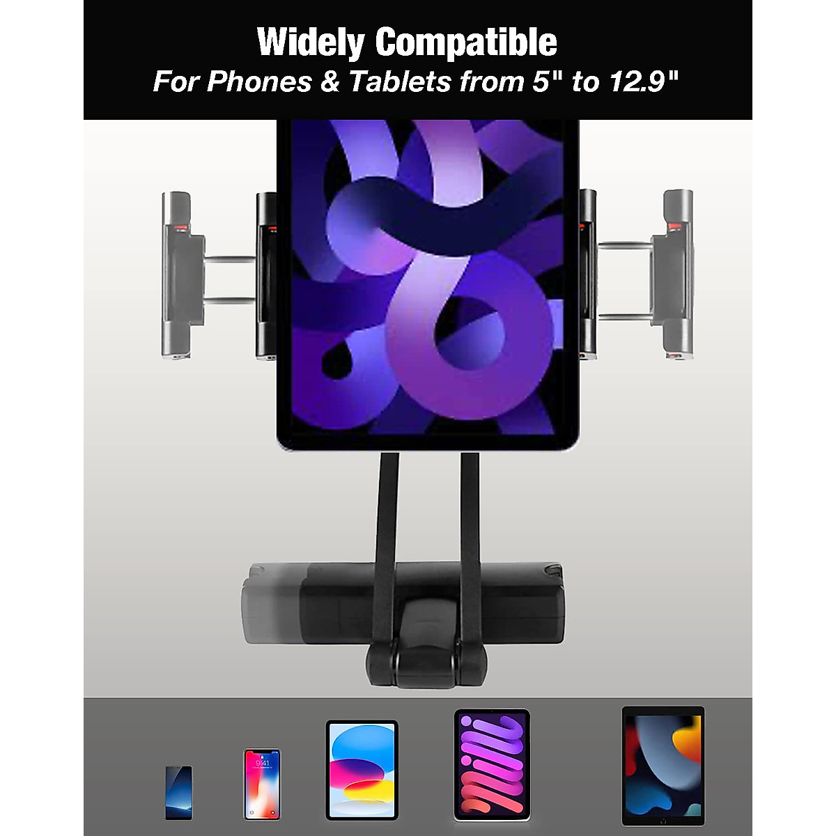 INNOMAX Adjustable Long Arm Tablet Mount, Backseat iPad Holder, 5"-12.5" Devices, Black