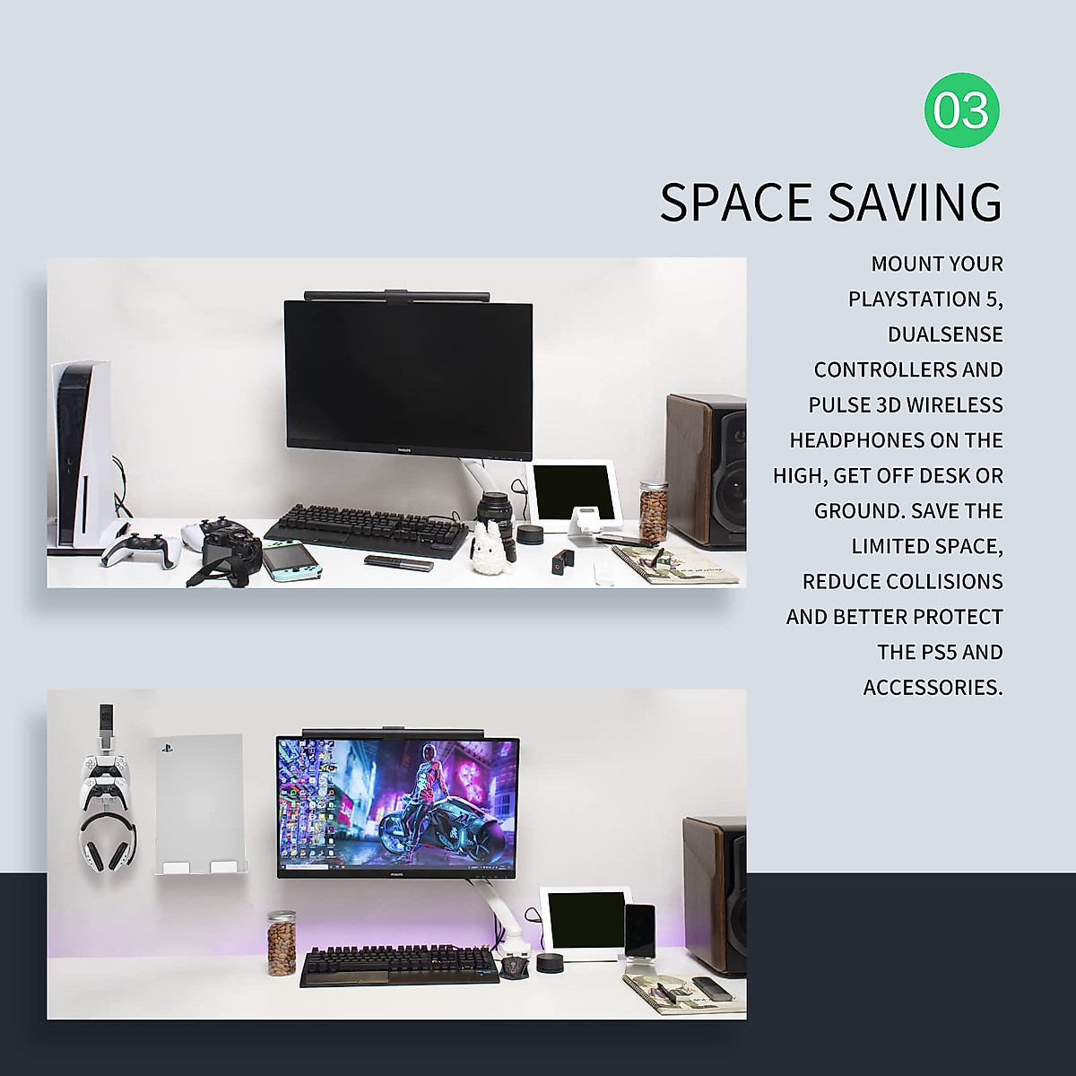 PS5 Wall Mount Kit, PS5 Wall Mount with Playstation 5 Controller Holder,Headphone hook and PS5 remote control storage box - PS5 Accessories Kit (NOT for PS5 Slim)