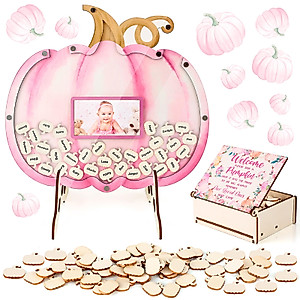 YLOLUL 62 Pcs Pumpkin Baby Shower Guest Book Alternatives Set Fall Baby Shower Guestbook Photo Frame with Wood Pumpkin Slices Rustic Guest Book Alternative for Baby Boy Birthday Party (Pink)