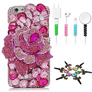 STENES Bling Case Compatible with iPhone 14 Pro Max Case - Stylish - 3D Handmade [Sparkle Series] Big Rose Flowers Design Cover with Cable Protector [4 Pack] - Pink