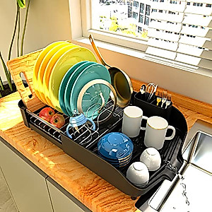 Dish Drying Rack, Expandable Dish Rack for Kitchen Counter(14'' to 20") Auto-Drain Stainless Steel Cutlery Rack and Utensil Holder, Kitchen Dish Drainer Rack - Black