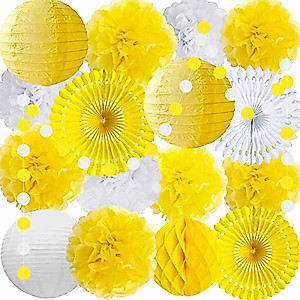 ANSOMO Yellow and White Party Decorations for Birthday Bridal Baby Shower Wedding Graduation Sunflower Wall Hanging Décor Tissue Pom Poms Paper Fans Lanterns