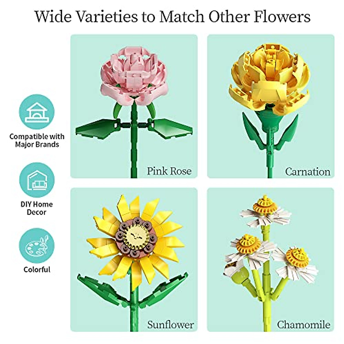 PinkBee Flower Bouquet Flowers Rose Sunflower Building Block Sets Christmas Valentines Gifts Creative Home Decor Toys Kits for Her Girlfriends Women Adults Wife Kids 6+ 6-12 8-12