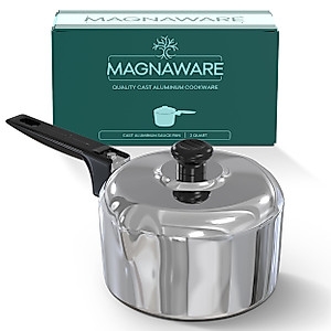 Magnaware Cast Aluminum Sauce Pan with Lid 2 Quart - Multipurpose Lightweight Saucepan with 2 Side Pour Spouts & Stay-Cool Handle - Small Cooking Pot for Sauces, Pasta, Soup - Oven Safe