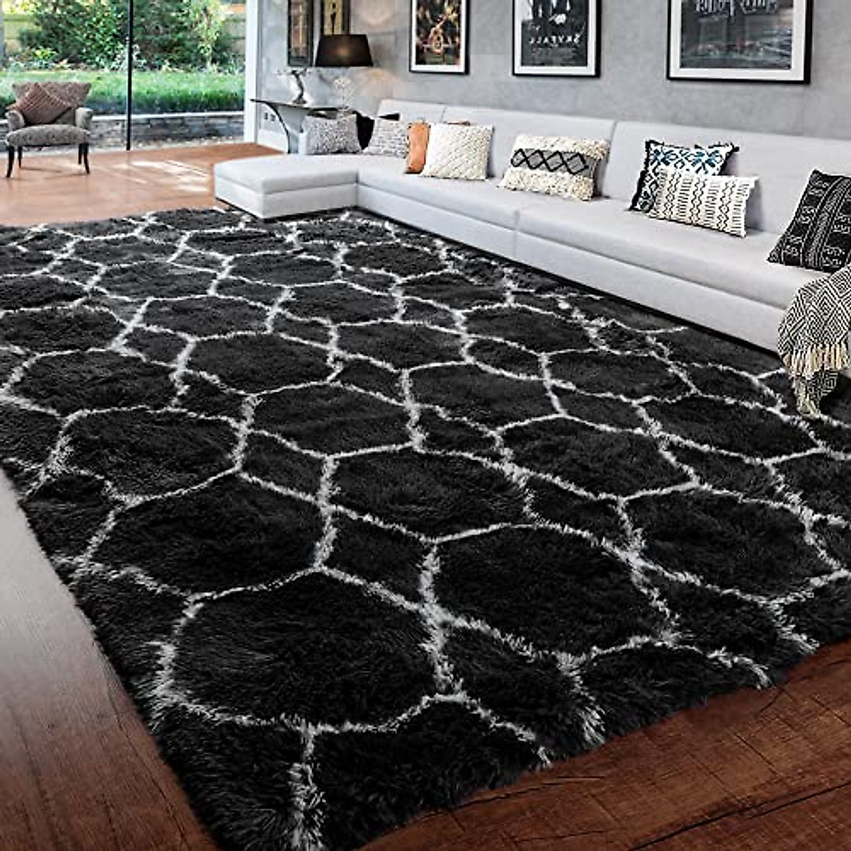 BSTLUV Soft Fuzzy Rugs for Living Room,Bedroom,6x9 Rug,Big Shag Furry Carpet,Black and White Rug,Fluffy Plush Area Rug,Large Cool Modern Rugs for Apartment,Classroom,Home Office,Men,Boys Room Decor