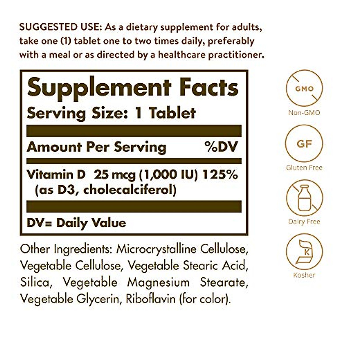 Solgar Vitamin D3 (Cholecalciferol) 25 mcg (1000 IU) - Helps Maintain Healthy Bones & Teeth - Immune System Support - Non-GMO, Gluten Free, Dairy Free, Kosher - Unflavored, 180 Count
