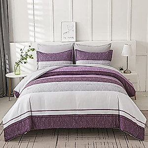 FLYMME Striped Patchwork Bed in a Bag 7 Pieces,Purple White Grey Stripe Pattern Full Size Comforter Set with Sheets, Soft Lightweight Bedding Sets Collections for All Season (Purple 80''x 90'')