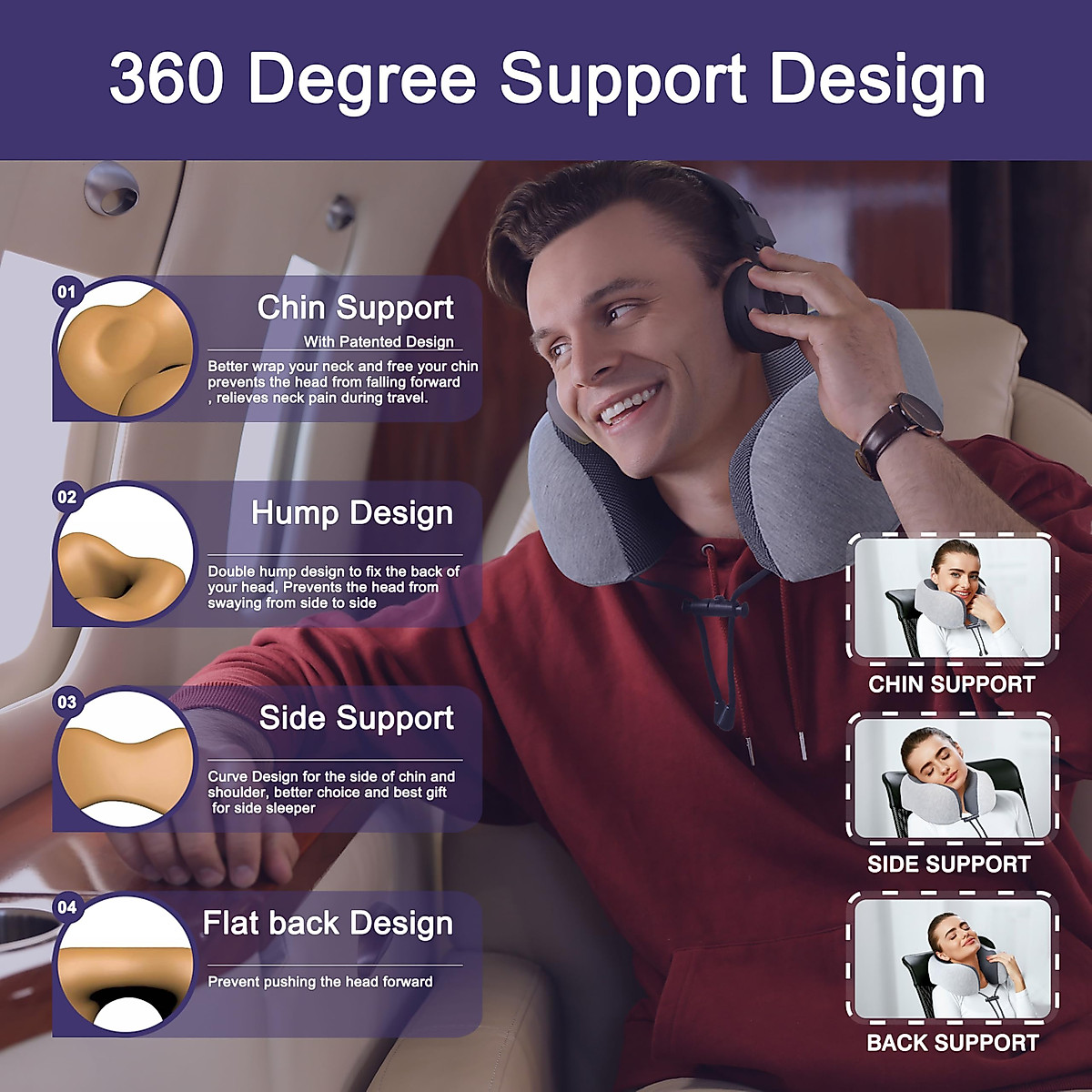 napfun Neck Pillow for Traveling, Upgraded Travel Neck Pillow for Airplane 100% Pure Memory Foam Travel Pillow for Flight Headrest Sleep, Portable Plane Accessories, Light Grey