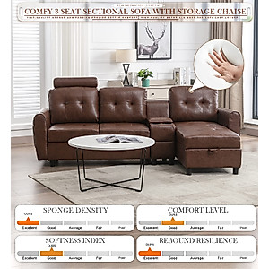 KINFFICT Modern PU Leather Sectional Sofa with Chaise, Comfy 3 Seat Sectional Couch with Storage, Cup Holders, and Comfy Headrest, L Shaped Couch Furniture Set for Living Room, Brown