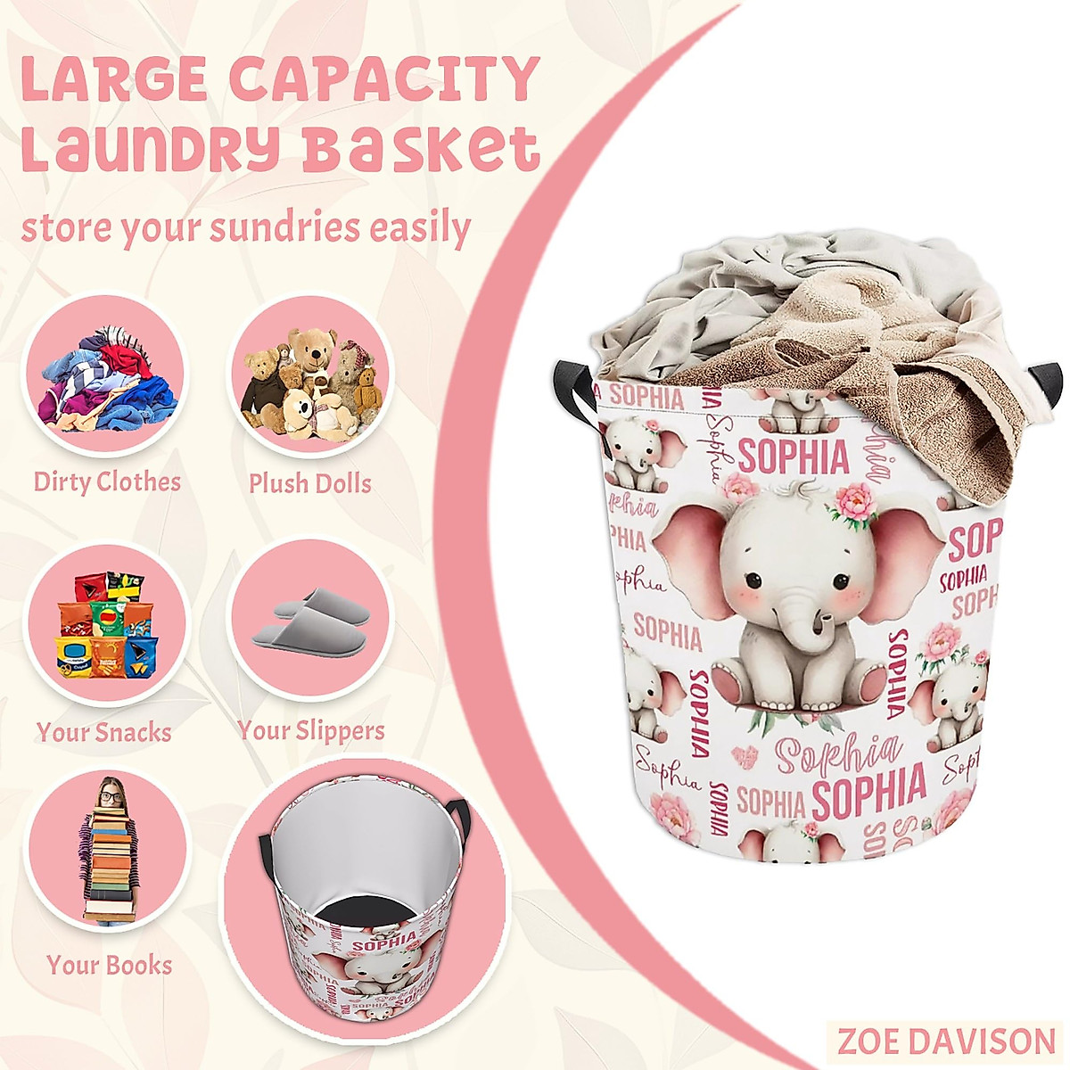 Custom Elephant Laundry Baskets,Personalized Elephant Gifts,Customize Baby Name Laundry Hamper for Kids Boys Girls Adults,Collapsible Clothes Storage Organizer,One Size