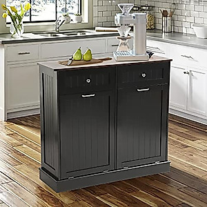 KIGOTY Dual Kitchen Trash Cabinet, Double Tilt Out Trash Can Cabinet with Countertop and Drawer, Free-Standing Pet Proof Recycling Cabinet Garbage Can Holder (Black)