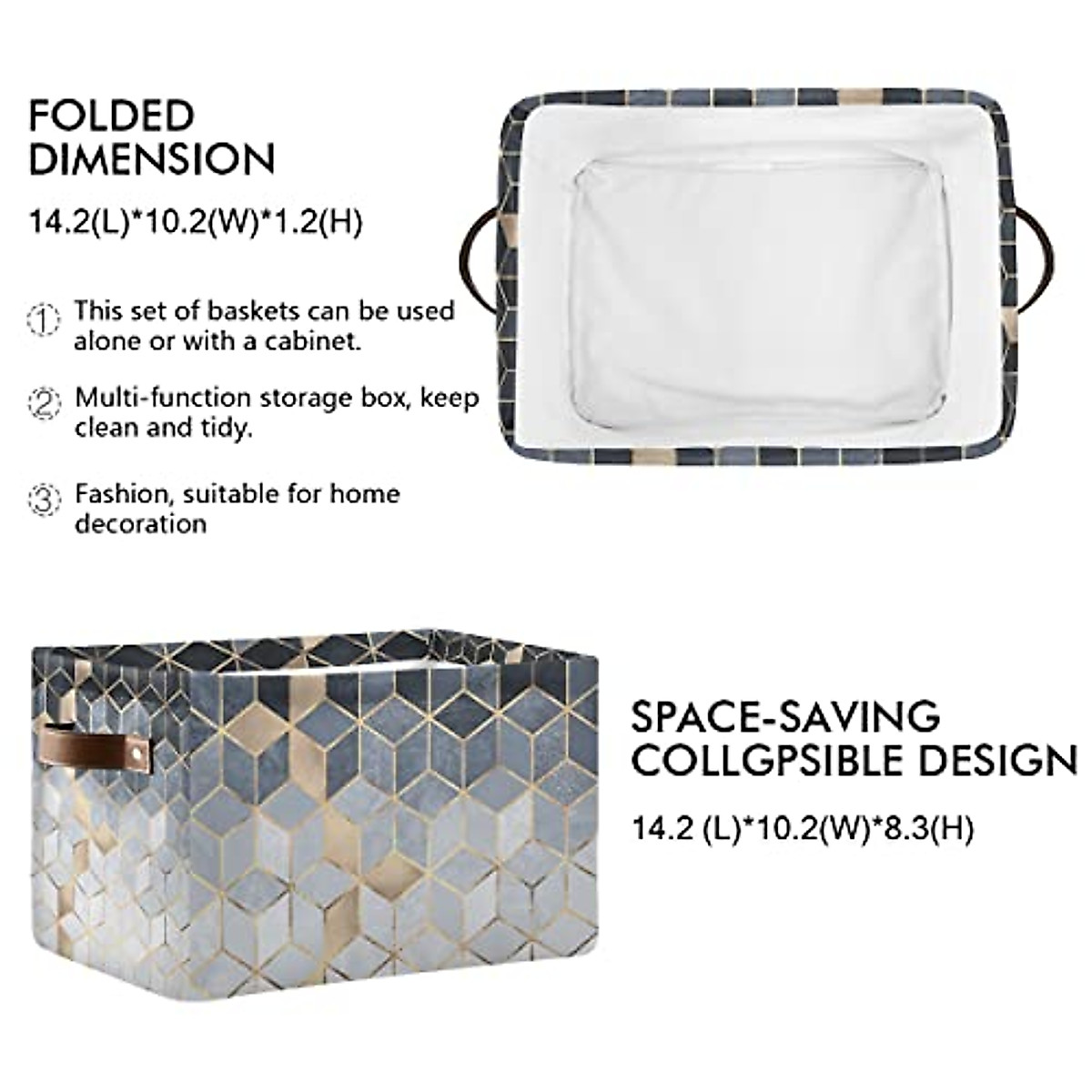 Foldable Storage Baskets, Marble Geometric Cubes Black White Storage Bins with Handles, Decorative Cloth Organizer Storage Boxes for Home|Office 15 x 11 x 9.5 in