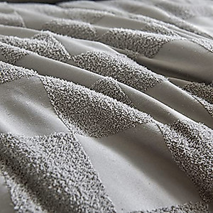 BESTCHIC 7 Piece Grid Bed in a Bag, Grey Plaid Comforter Set Queen Size, Embroidery Shabby Chic Tufted Comforters and Sheet, All Season Soft Microfiber Complete Bedding Sets (90x90 Inches)