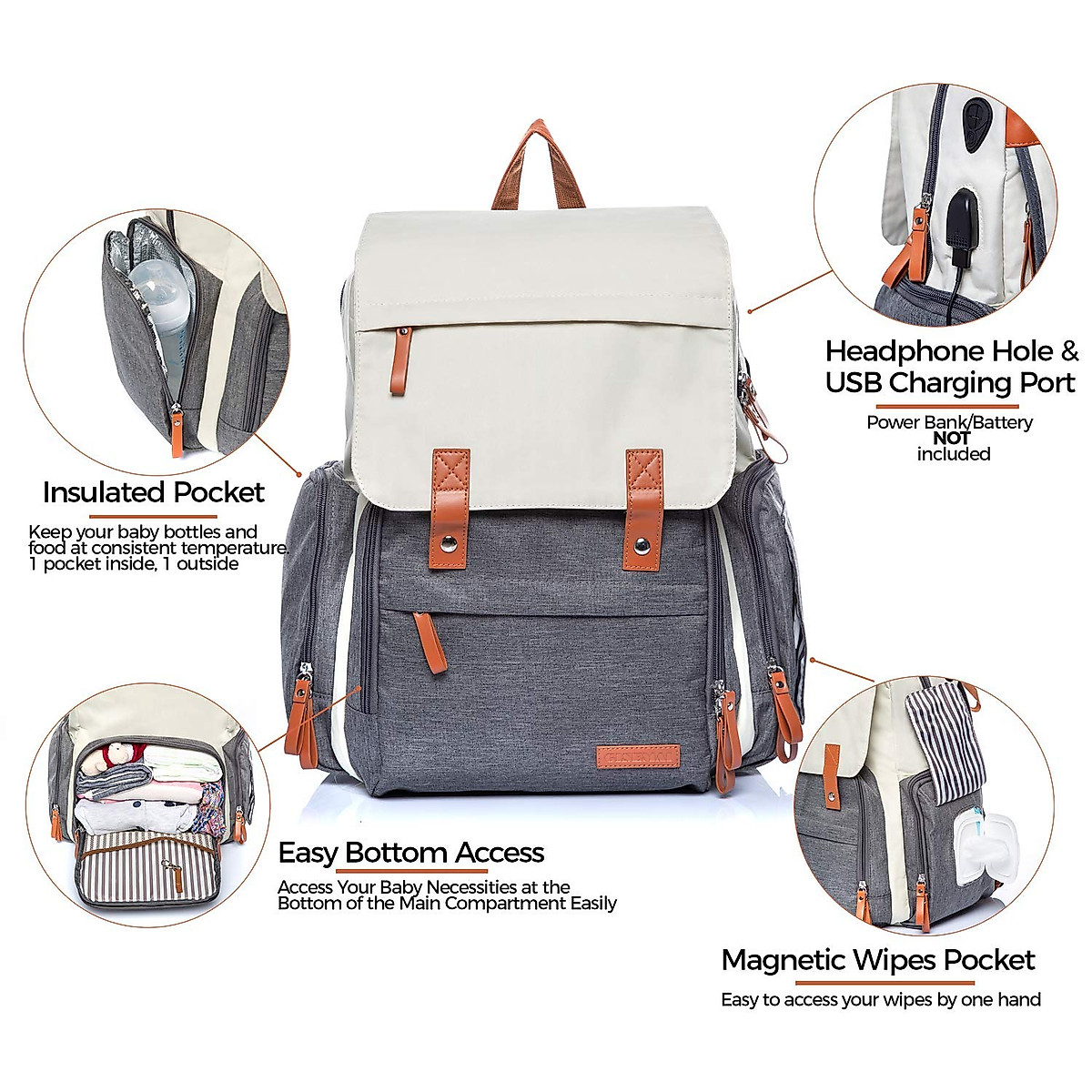 GISEMAI Phoenix Diaper Bag Backpack with Back Support, Wipes Dispenser, USB Charging Port, Stroller Straps & Changing Pad… (Beige)