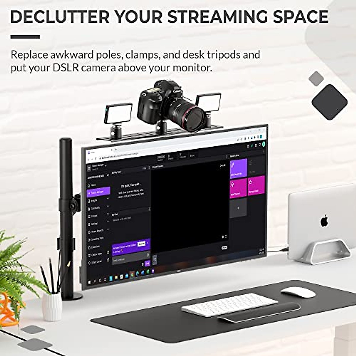HumanCentric DSLR Monitor Mount – Monitor Shelf for Desk Camera Mount, Light Webcam and Microphone Camera Shelf for Monitor VESA Arm, Replace Clamp Tripods for Camera Desk Mount, Large