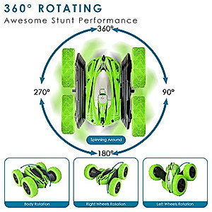 2-in-1 Remote Control Car, Rechargeable Remote Control Crawler for Kids Age 3 Years and up, Changeable Wheels, Double-side 360° Flips, LED Headlights, Fast Stunt Toy Race Cars for Toddlers-Green