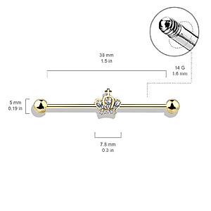 Pierced Owl 14GA Stainless Steel CZ Paved Crown with Cross Industrial Barbell (Gold Tone/Clear)