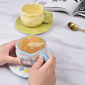 Koythin Ceramic Coffee Mug with Saucer Set, Cute Creative Rhombus Lattice Cup Unique Irregular Design for Office and Home, 10 oz/300 ml for Latte Tea Milk (Diamond Check)