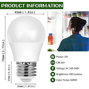 LED Refrigerator Light Bulb, 40W Equivalent LED A15 Bulb, 5W Daylight 5000K E26 Medium Base, Waterproof Appliance Bulb for Fridge Freezer Ceiling Fan, Non-Dimmable, 2 Packs