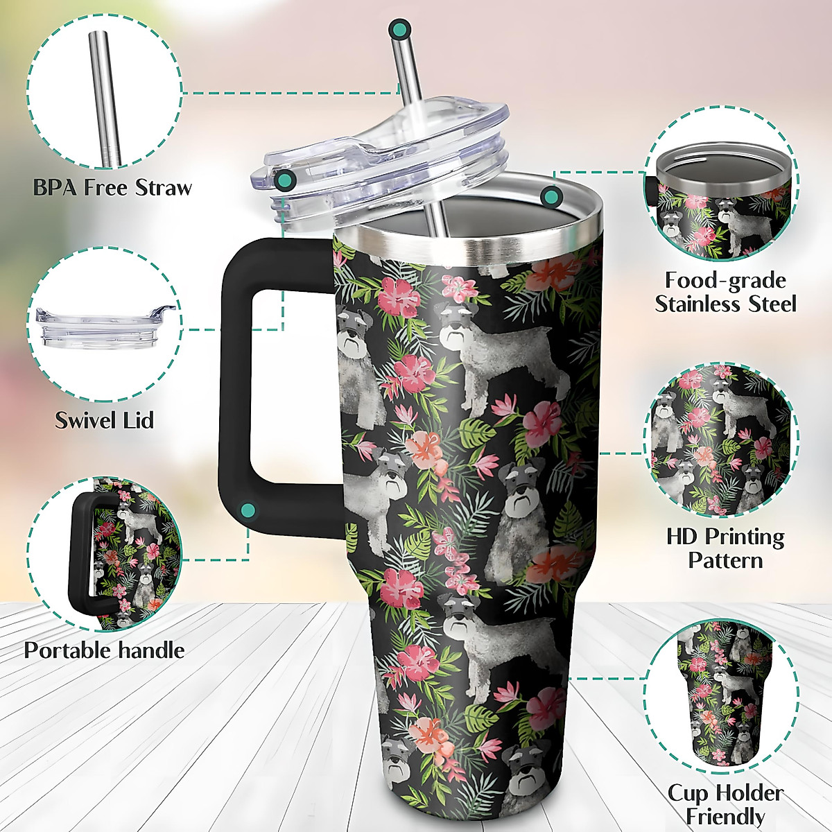 40 Oz Schnauzer Tumbler With Handle and Straw, Double Wall Stainless Steel Coffee Mug, Insulated Dog Dad or Mom Tumbler, Gifts for Women and Men