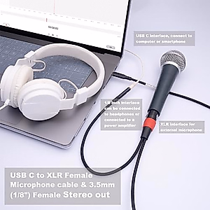HUALEU 3.3FT USB C to XLR Female Mic Cable & 3.5mm (1/8") Female Stereo Out,XLR-to-USB C Digital Interface with Headphone Jack,for iPhone 15 Google Huawei Phone