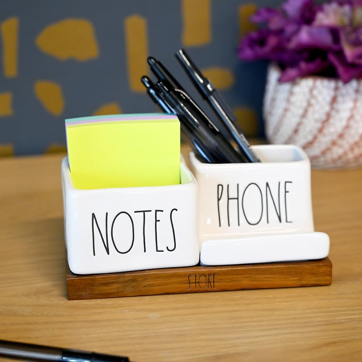 Rae Dunn Desk Organizer, Ceramic and Wood Organizer Tray with Cell-Phone Holder, Note-Card Holder, and Pen Holder, Organizer for Office Desk Accessories