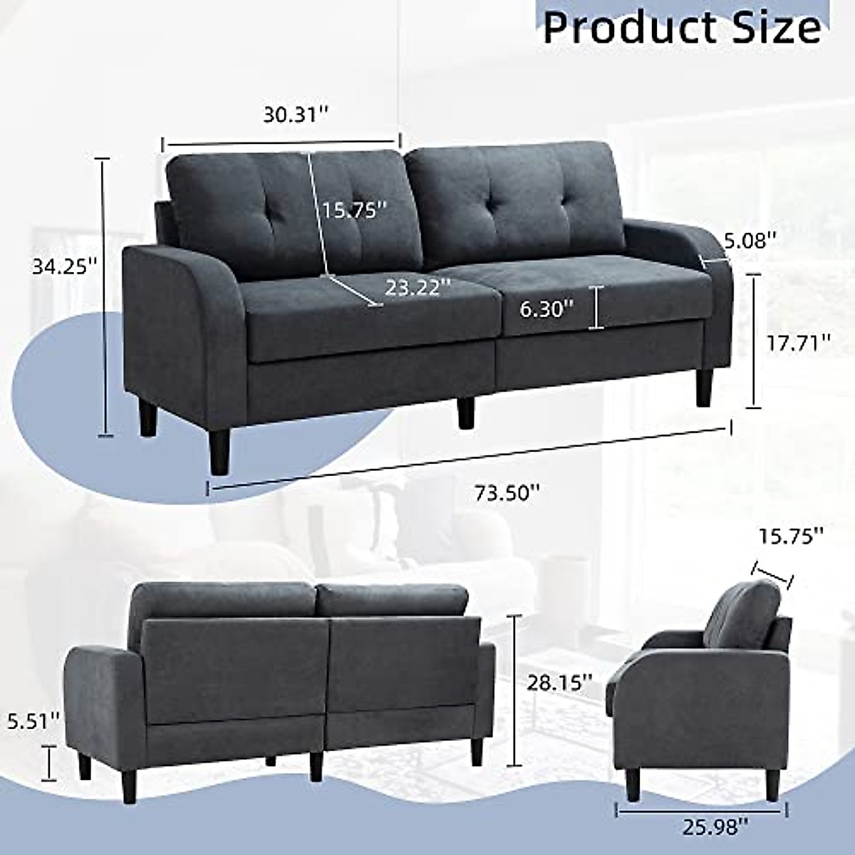 Vongrasig 73" Loveseat Sofa, 2 Seater Button Tufted Upholstered Couch, Modern Sofa with 6.3" Deep Seat Cushion for Small Space Living Room, Apartment, Dorm, Office, Blue Grey