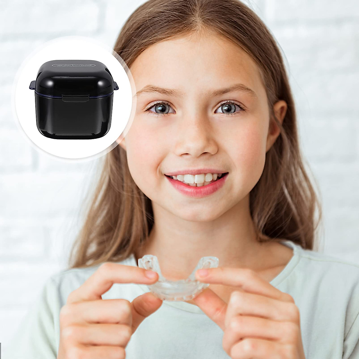 Tofficu Denture Bath Case Cup Box Portable False Teeth Holder Storage Soak Container Orthodontic Retainer Case with Strainer Basket for Travel Cleaning (Black)