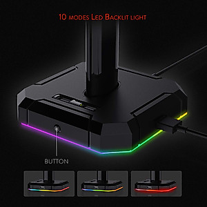Redragon HA300 Scepter Pro Headset Stand, RGB Backlit Gaming Headphone Stand with Aluminum Supporting Bar, Non-Slip Solid Rubber Base and 4X USB 2.0 Ports for All Headphones
