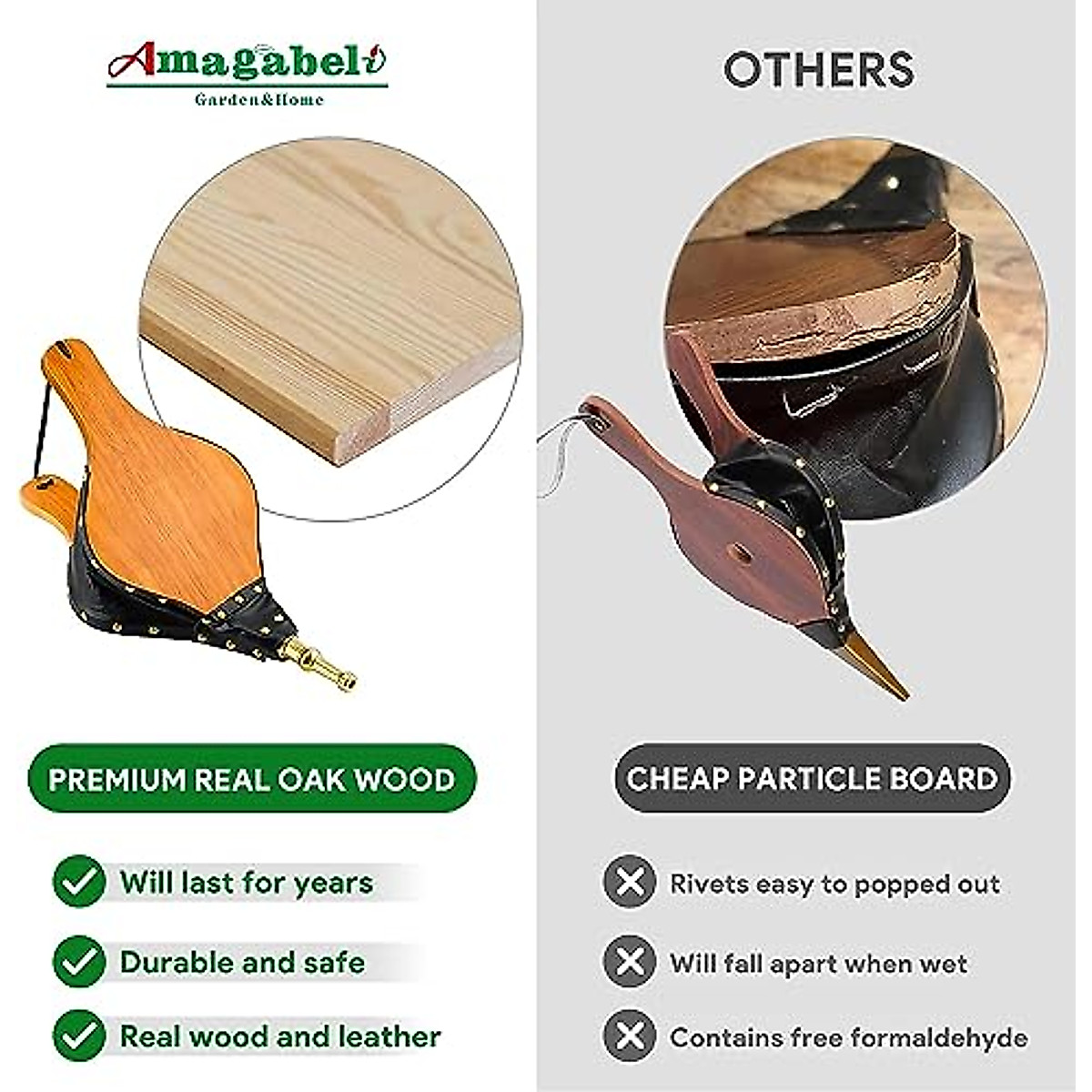 Amagabeli Fireplace Bellows 17"x 7.5" Air Blower Cast Nozzle for Outdoor Camping BBQ Grill Chimney Hand Bellow Pump Pit Barbeque Fire Tools Accessories ( Wooden Color)