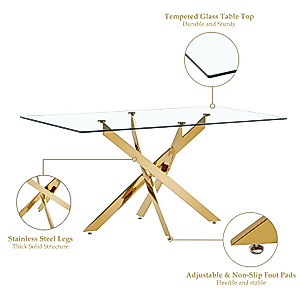 HAIZAO 63" Glass Dining Table for 4-6, Contemporary Rectangular Dining Room Table with Tempered Glass Top & Gold Finish Stainless Steel Legs, Modern Large Kitchen Table for Home Office