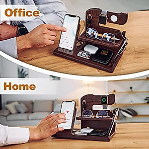 TESLYAR Wood Phone Docking Station Charger Xmas Gifts for Men or Dad for Husband Birthday Wife Nightstand Organizer Key Holder Wallet Solid Ash