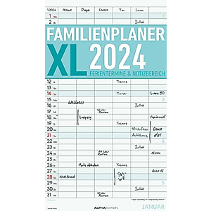 Family Planner XL 2024 with 6 Columns - Family Timer 26 x 45 cm - Offset Paper - with Holiday Dates - Wall Planner - Family Calendar - Alpha Edition